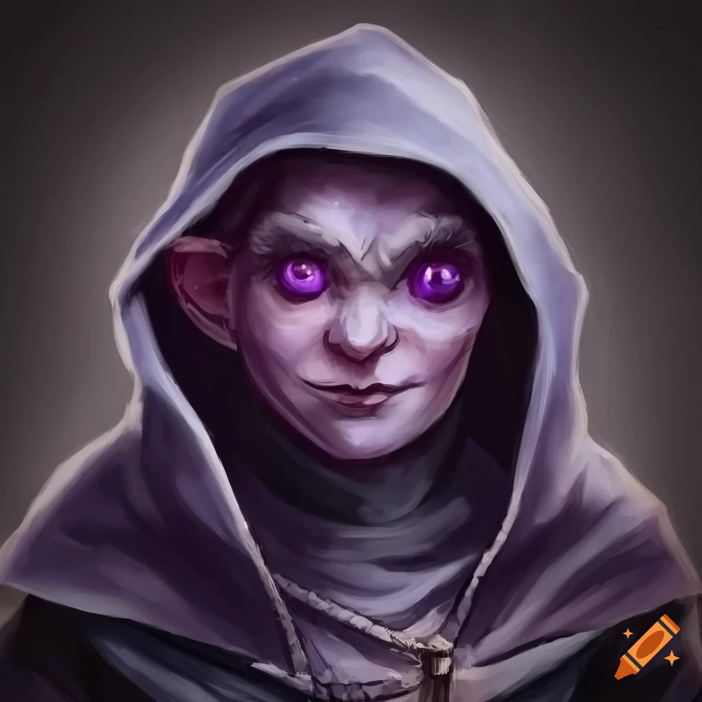 Detailed portrait of a small gnome warlock from d&d with purple eyes ...