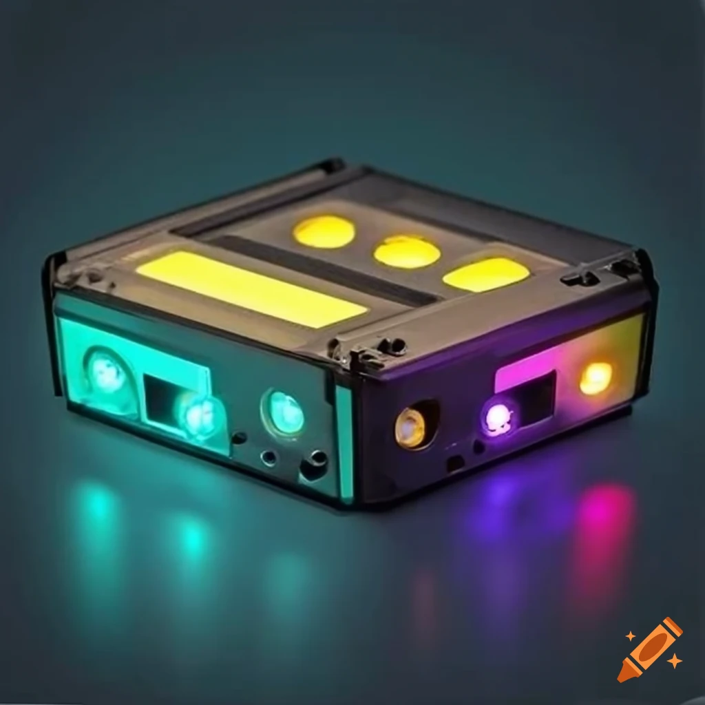 Vintage cassette tape player with futuristic LED buttons on Craiyon