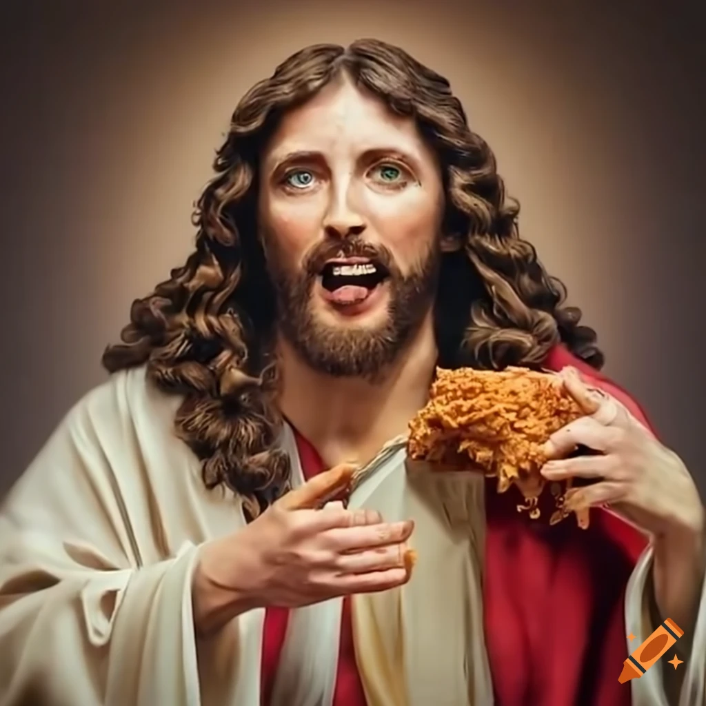 Jesus eating fried chicken and making a cool gesture on Craiyon