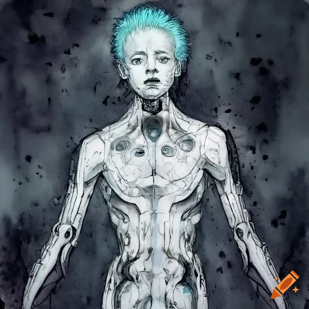 Young male cyborg in a white high-tech bodysuit with light cyan hair in ...