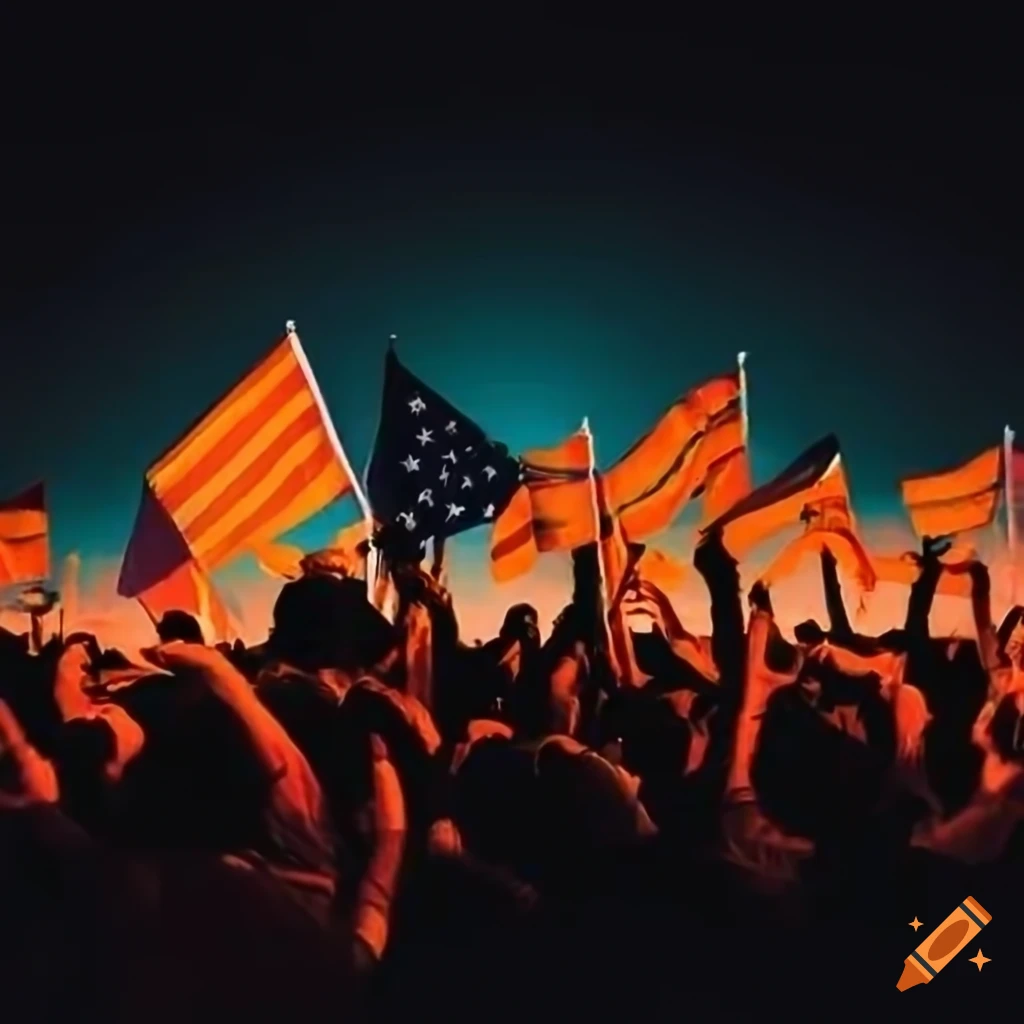 Crowd gathering with orange and US flags at night on Craiyon