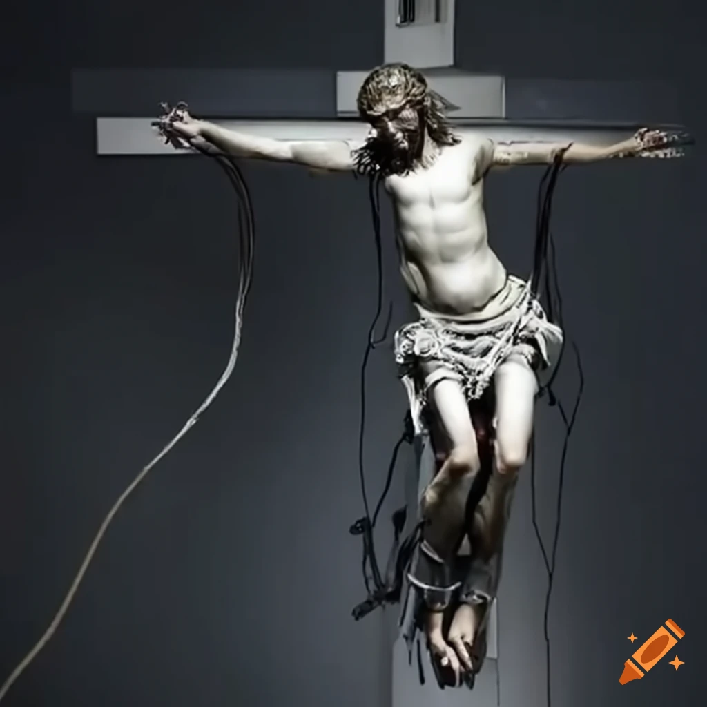 Cyborg depiction of Jesus on the cross with cables and tubes on Craiyon
