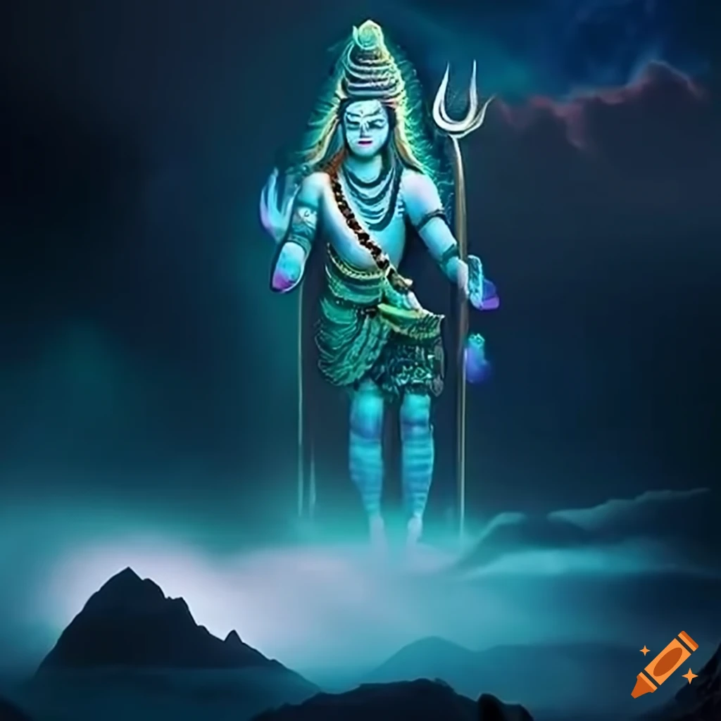 Lord shiva on snow-covered mount kailash during a thunderstorm on Craiyon