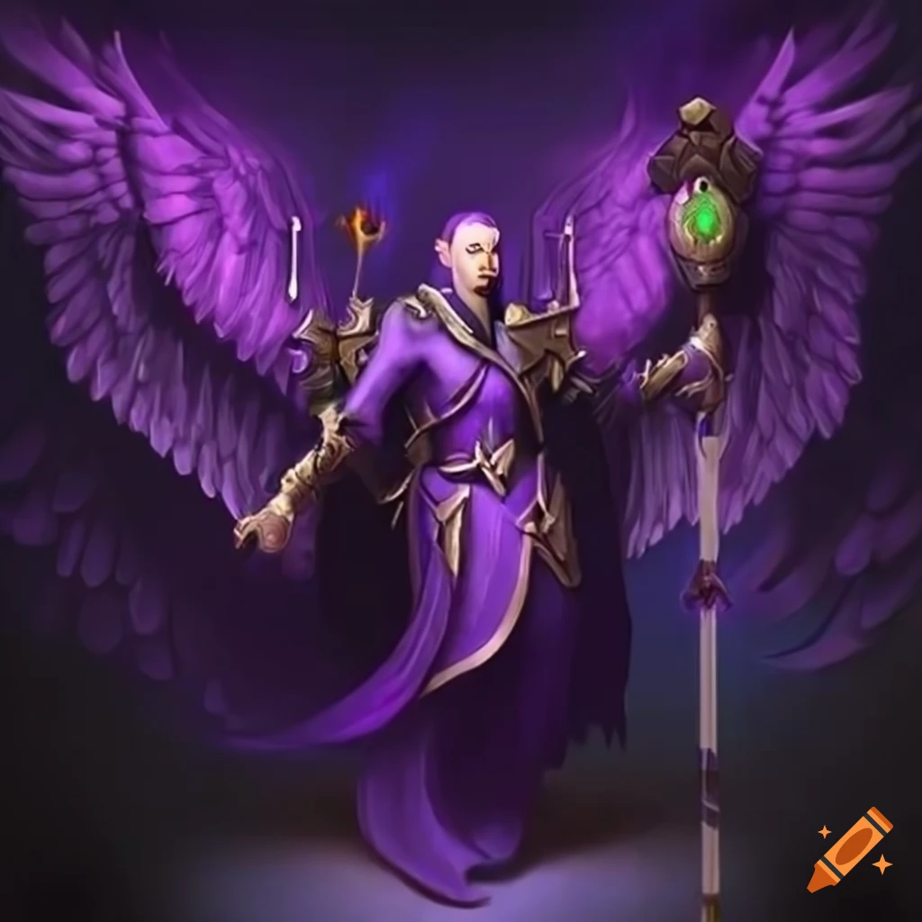 Powerful purple Aasimar warlock with wings, staff, and ancient tome in ...