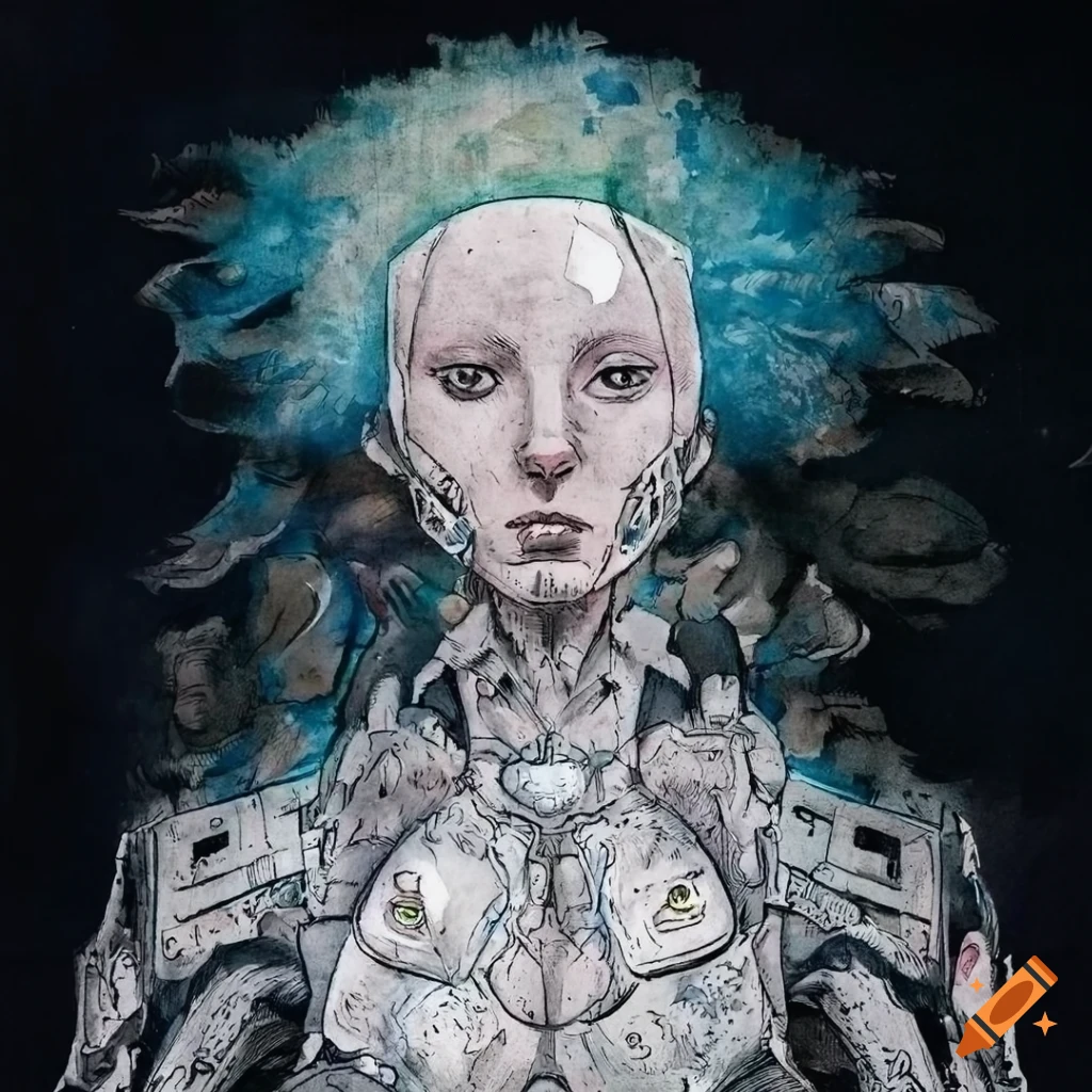 Young male cyborg in a high-tech bodysuit with light cyan hair in a ...