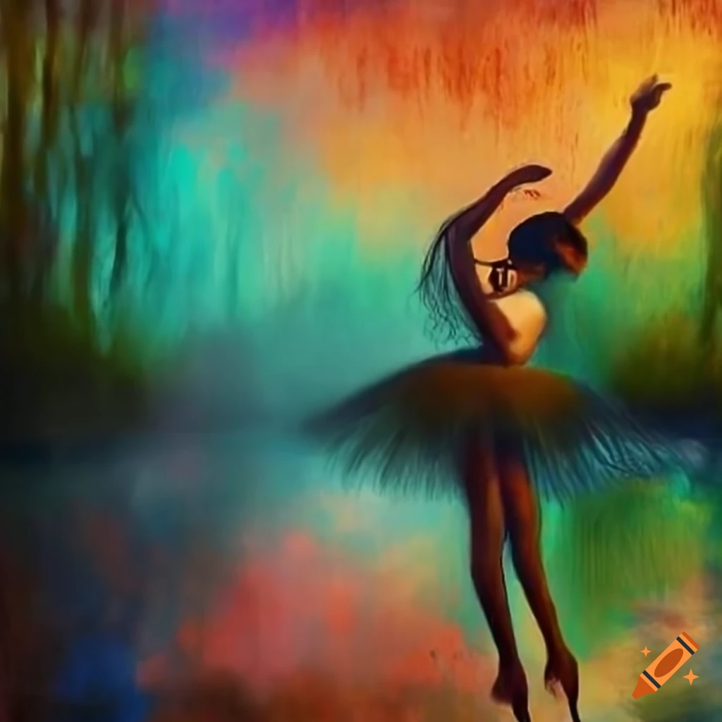 Psychedelic drawing of a dancer on a pond with colorful mist on Craiyon