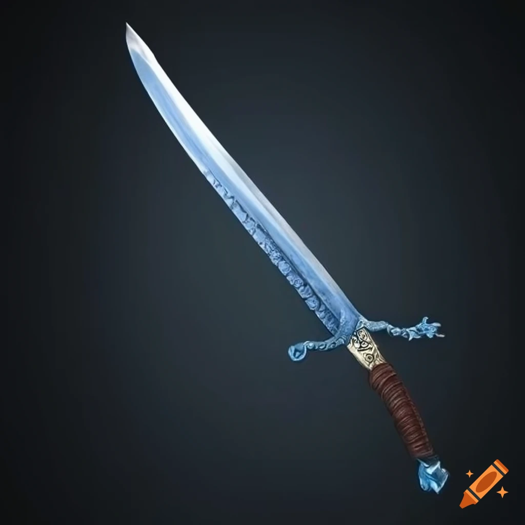 Curved sword with a striking blue blade on Craiyon