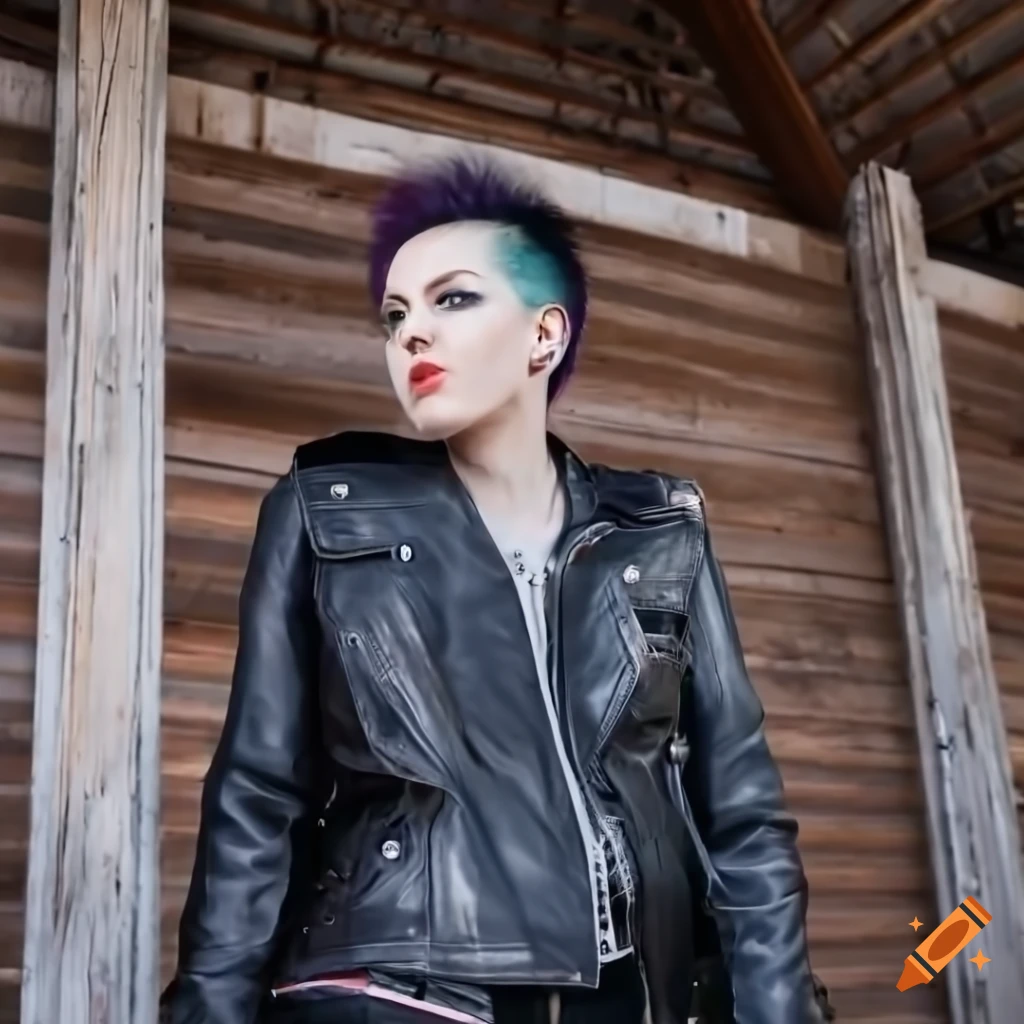 English punk-rocker woman with Mohawk hairstyle standing in barn ...