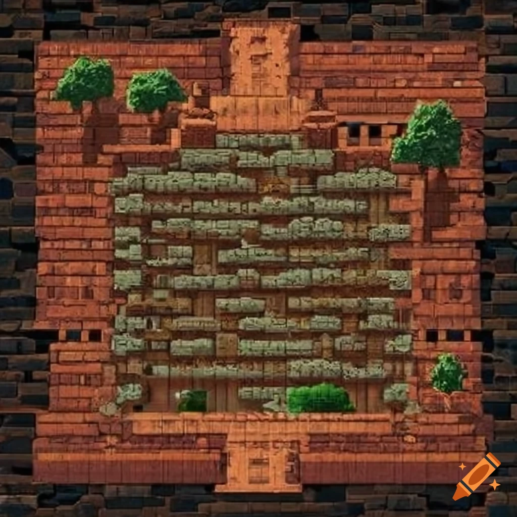 2D pixel art of antique Chinese temple walls and bricks for platform ...