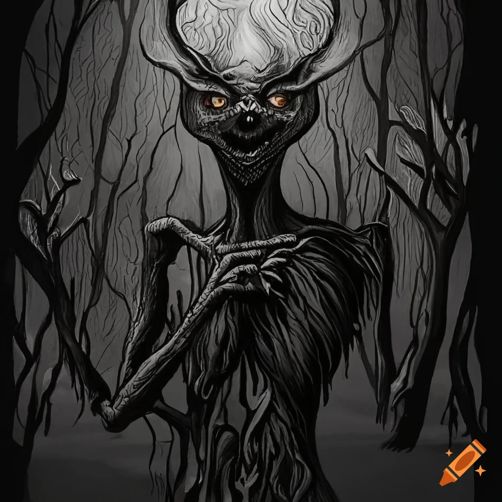 Demonic humanoid tree in black and white drawing on Craiyon