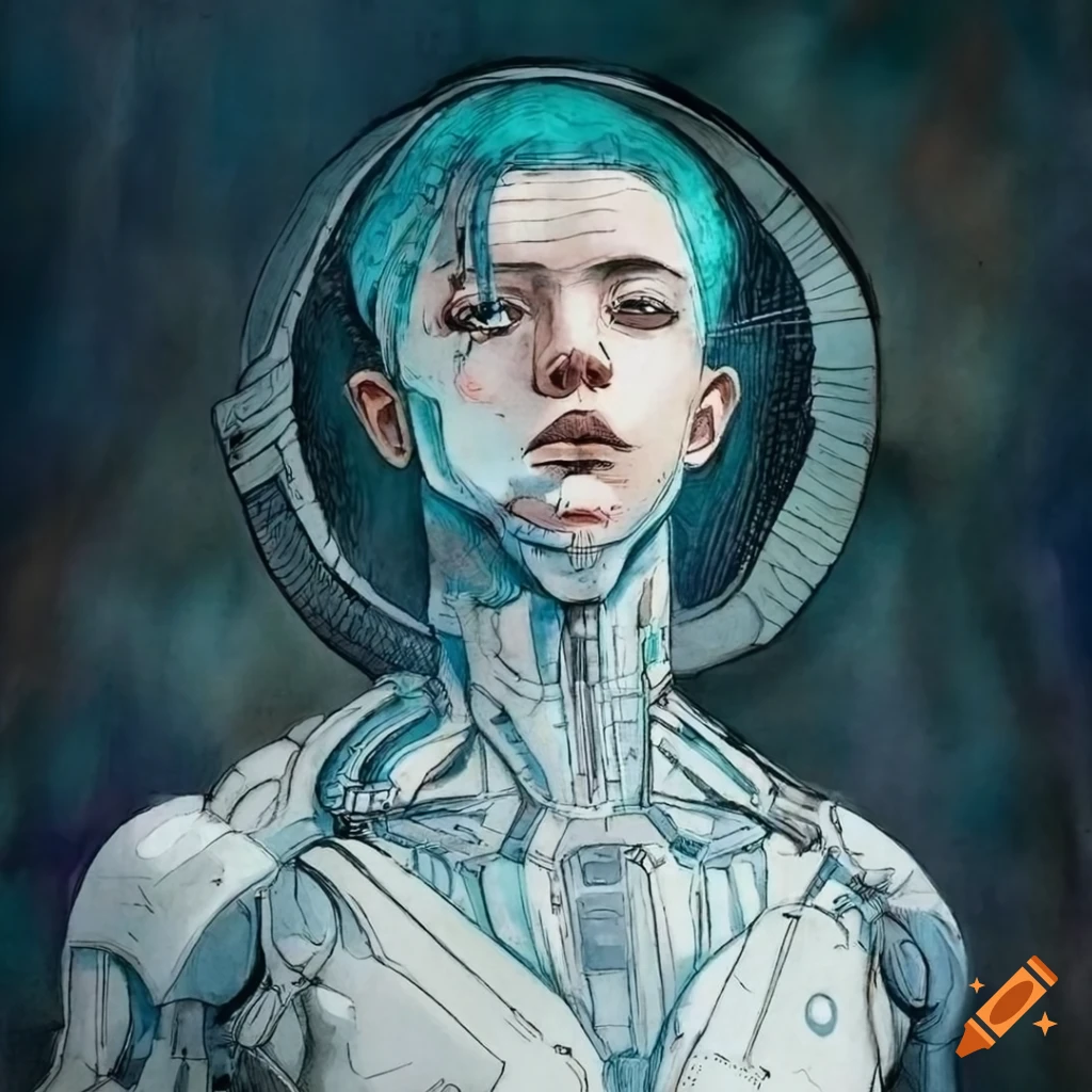 Young male cyborg in a high-tech bodysuit with light cyan hair on Craiyon
