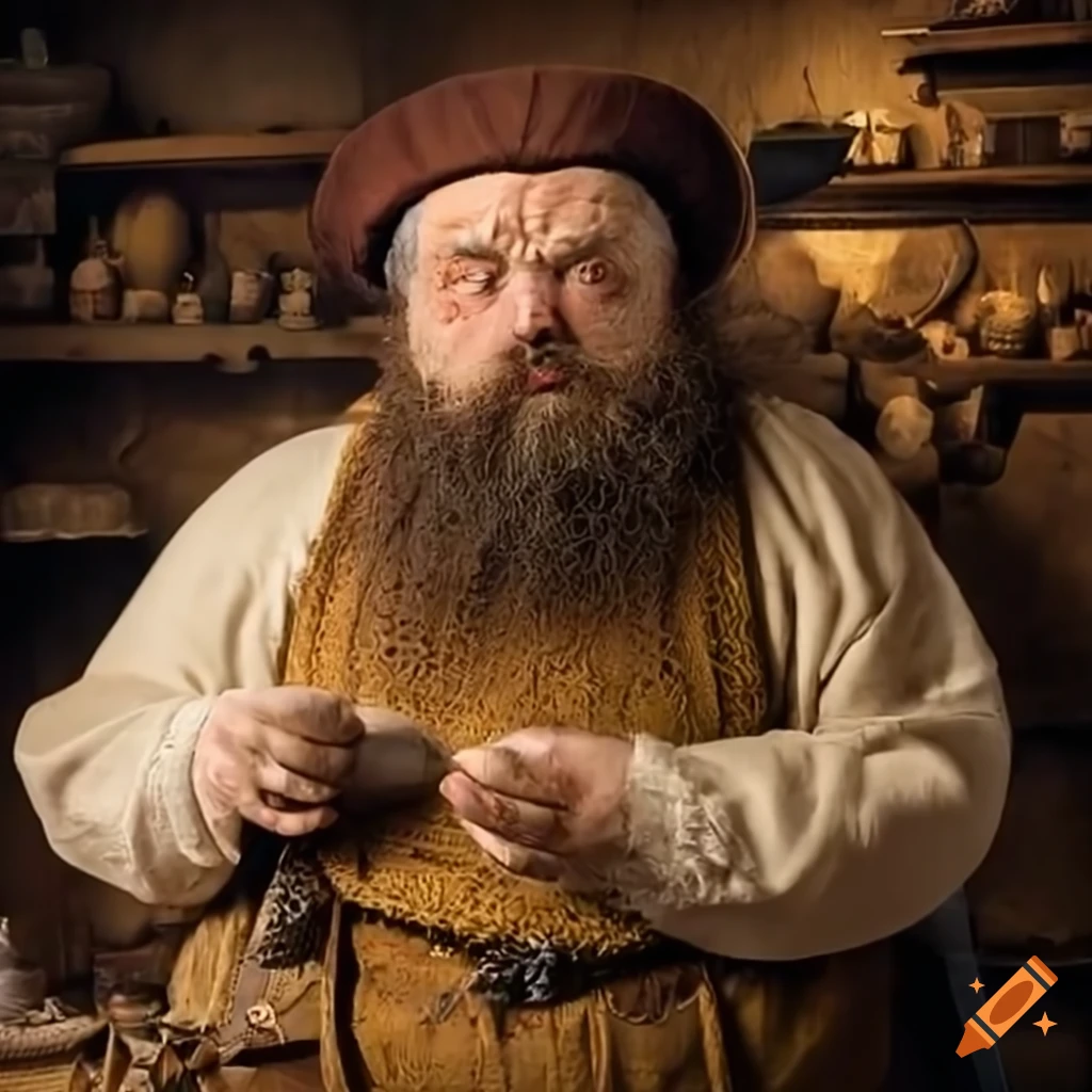 Inside of a medieval shop with a large shopkeeper and unkempt beard on ...
