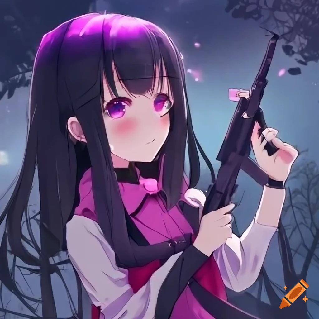 Anime Girl With Black Hair Holding M4a1 In The Air On Craiyon