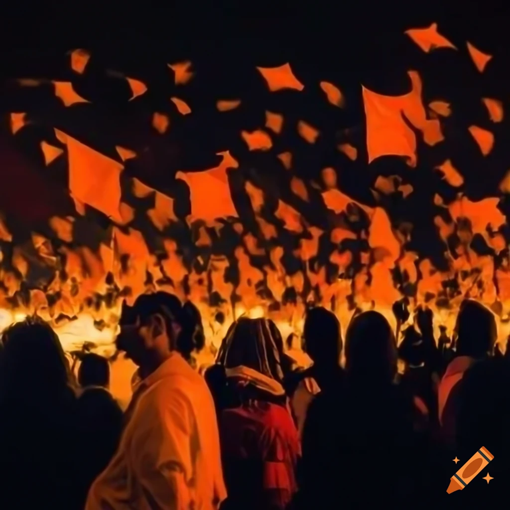 Crowd gathering with orange and US flags at night on Craiyon