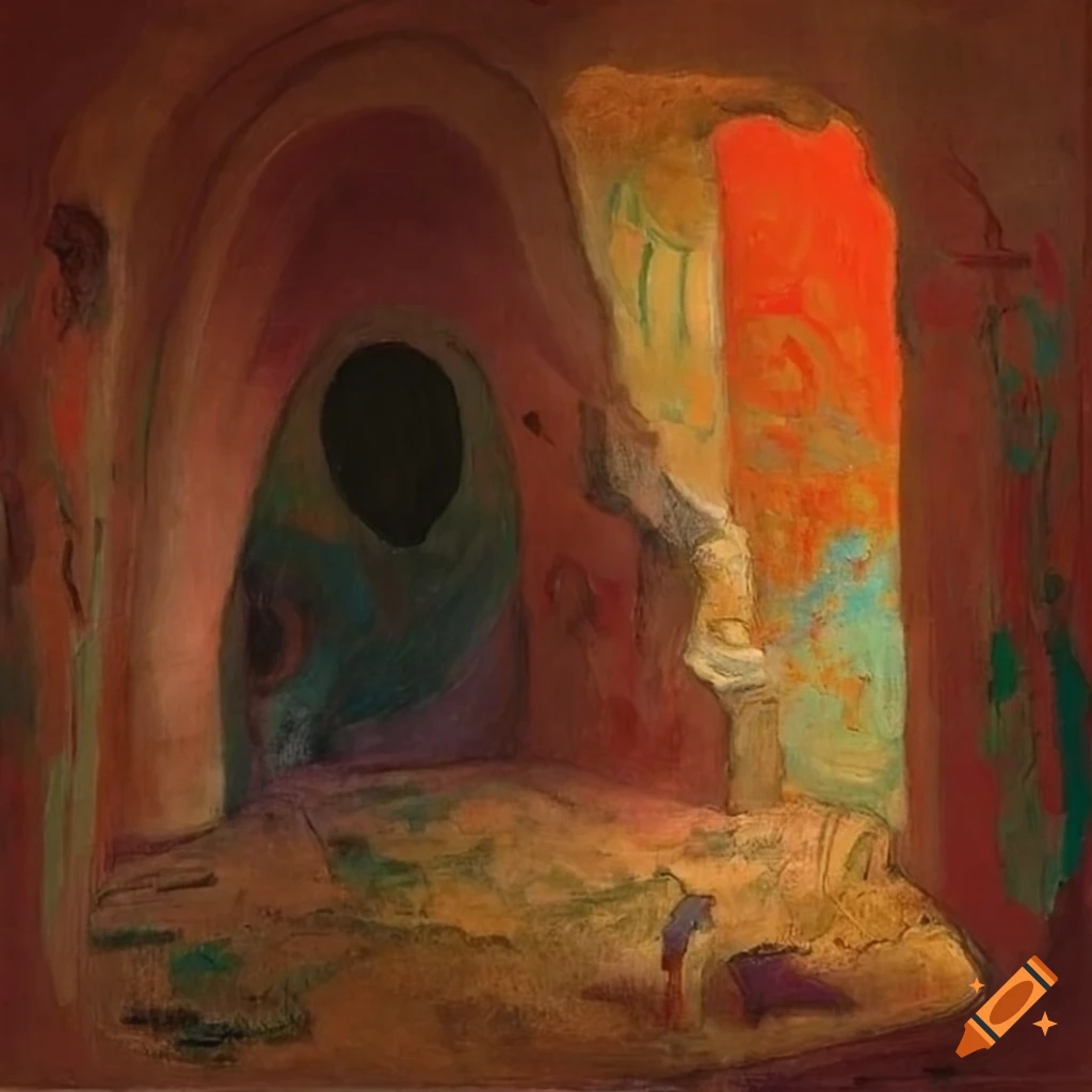 Chaotic antechamber with clay figures and graffiti in primary colors on ...