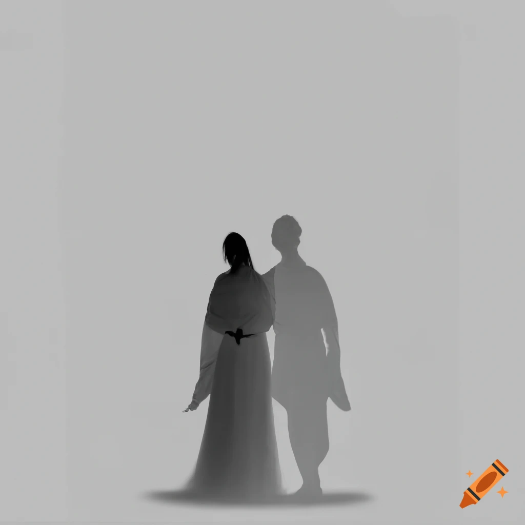 Silhouette of couple in flowing robes against white backdrop on Craiyon