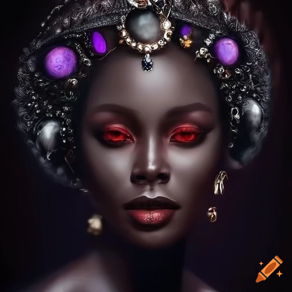 Portrait of a powerful black queen with red eyes and luxurious jewelry ...