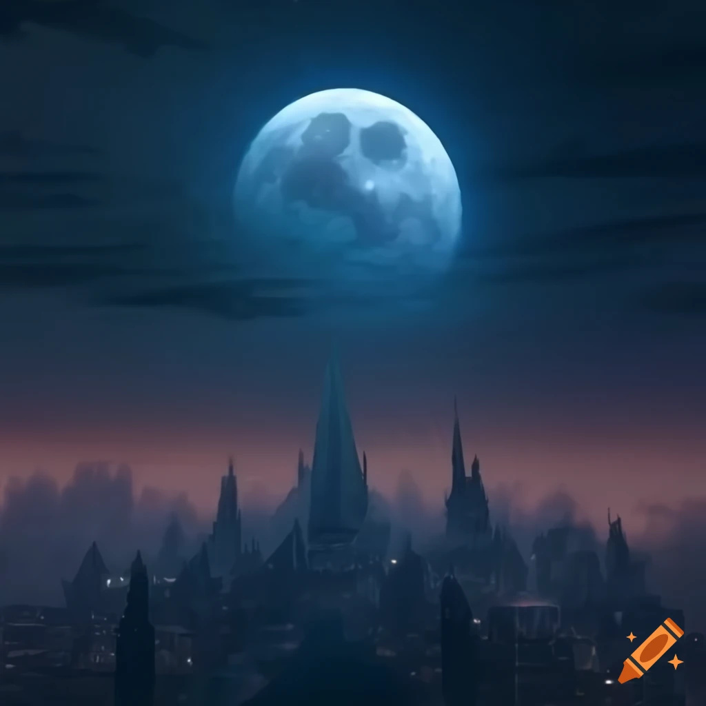 3d animation of moonlight city during a storm with dark clouds and ...
