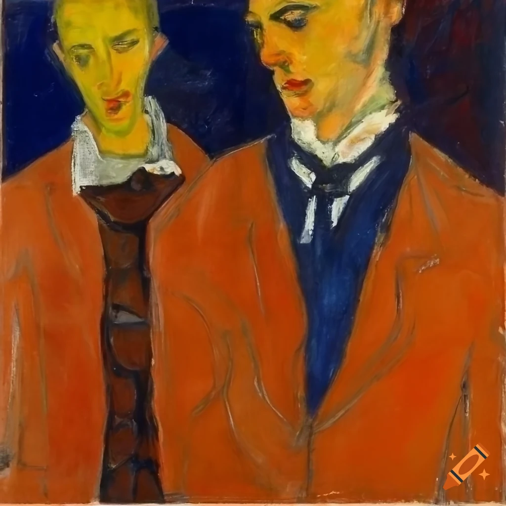 Expressionist oil painting of proud men with sharp lines and vibrant ...