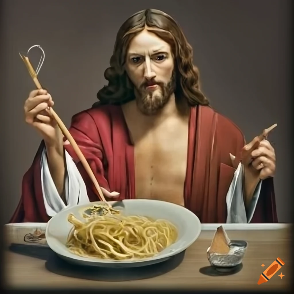 Jesus Christ eating noodles with chopsticks at a table on Craiyon