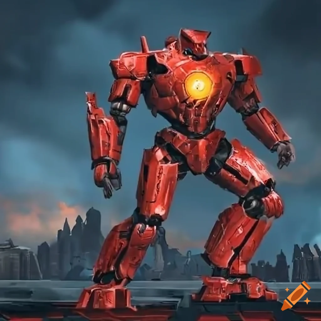 Giant red mecha in an epic war scene with guns, inspired by Pacific Rim ...