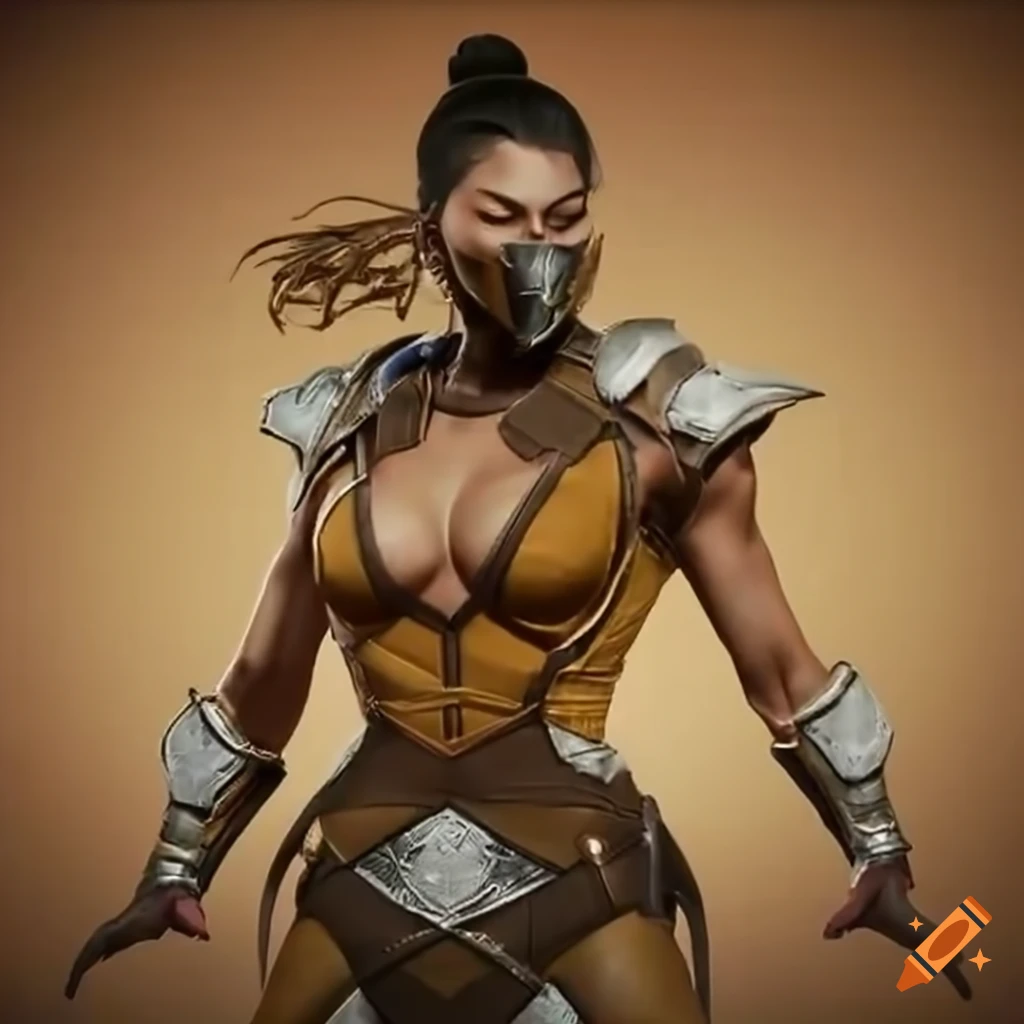 Cool busty woman warrior of stone in a pale orange outfit with bronze armor elements on Craiyon