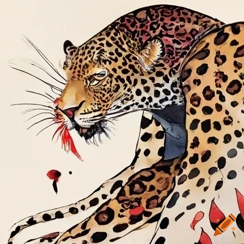 Epic and graceful leopard in Yoshitaka Amano's style on Craiyon