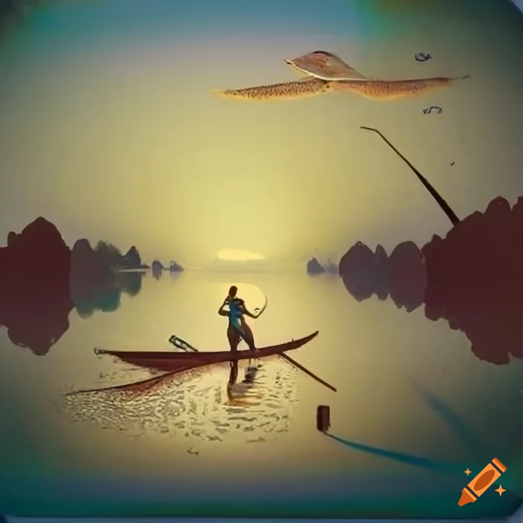 Serene lakeside scene with a skilled fisherman casting a line into the ...