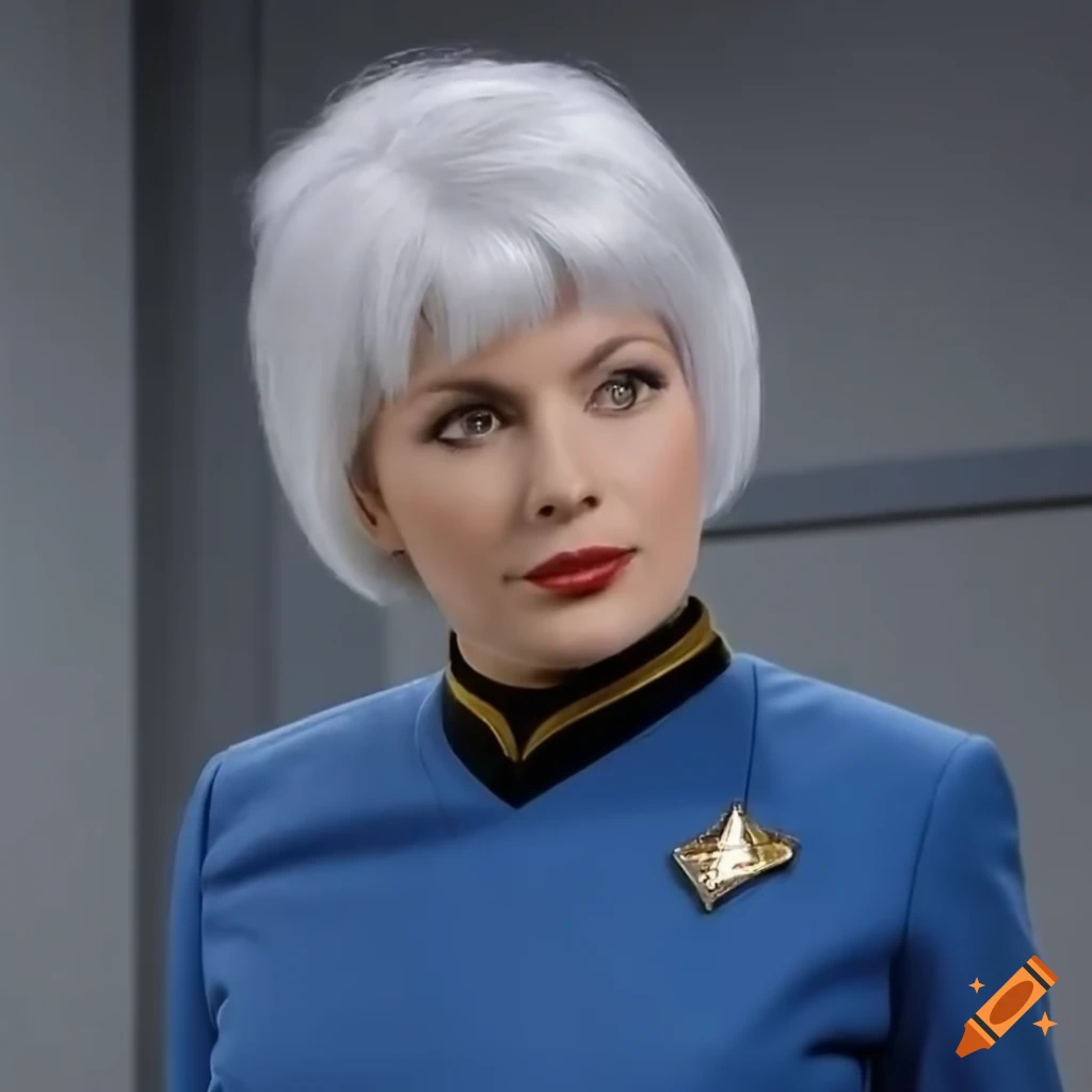 Female nurse in blue Starfleet uniform with fluffy white hair on Craiyon