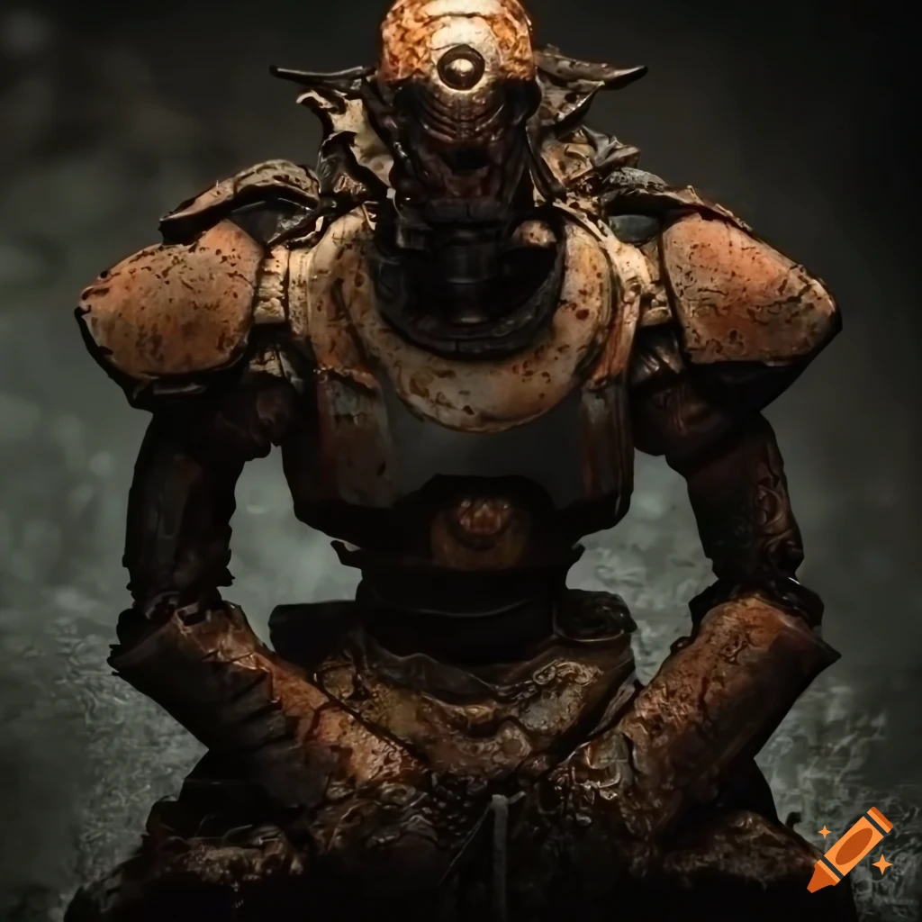 Robot warrior with rusty armor and large sword in a dark throne room on ...