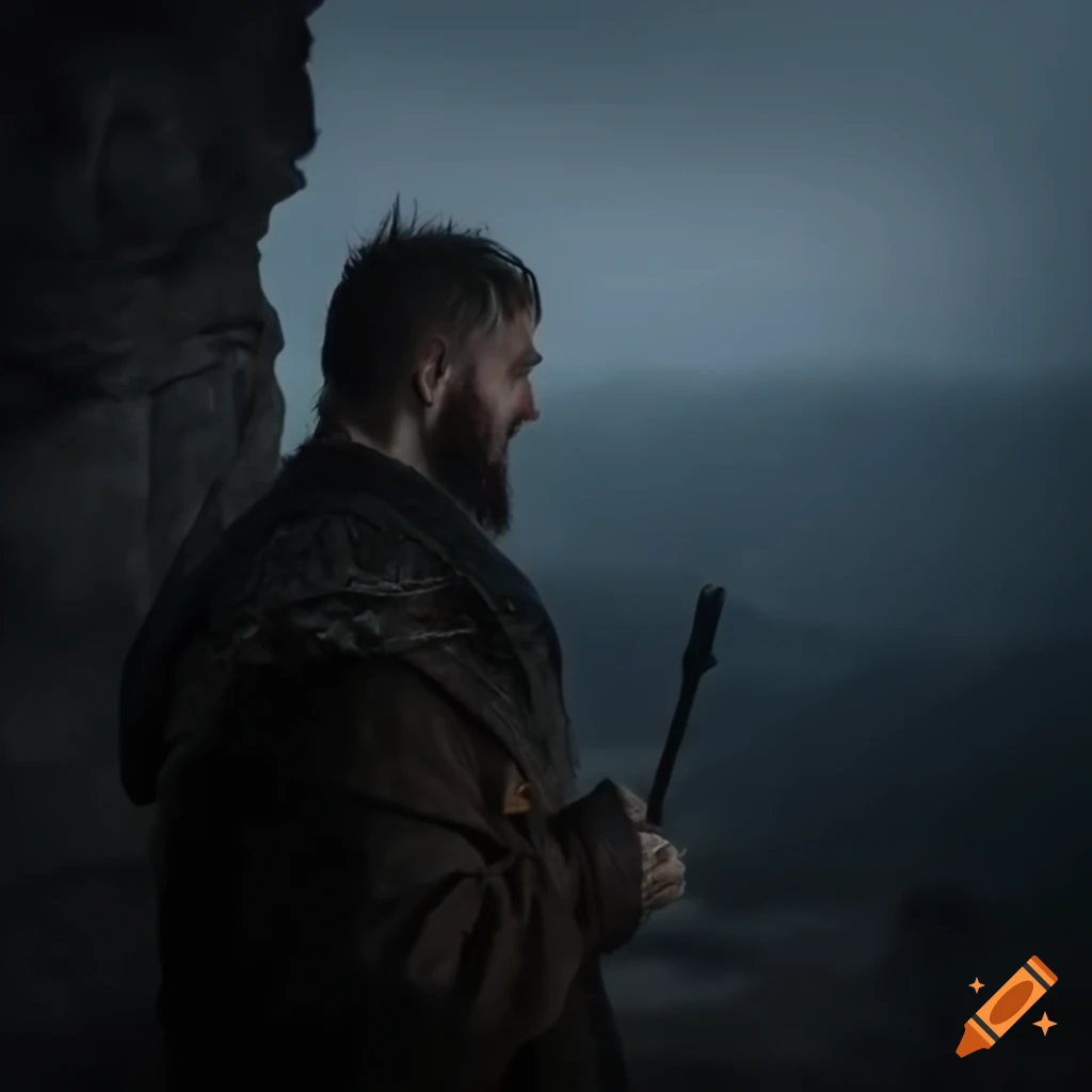 Strong bearded man overlooking town from cliff in a middle ages setting ...