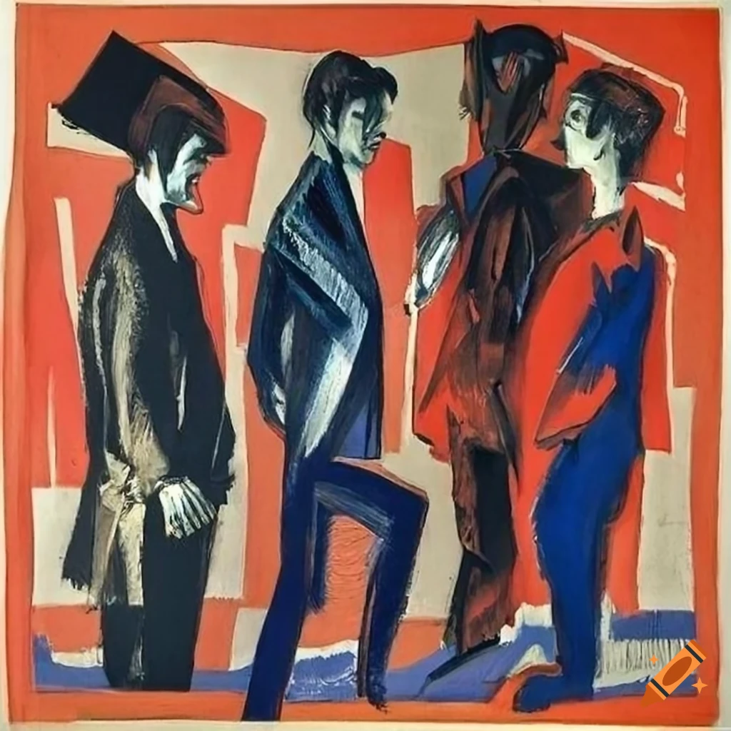 Group portrait of famous artists in a drawing with sharp lines and bold ...
