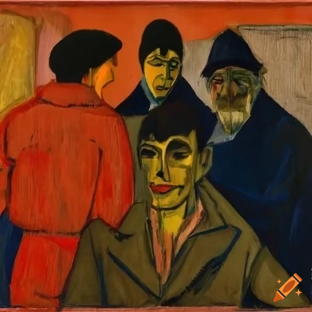 Portrait of four older men in expressionist oil painting style ...