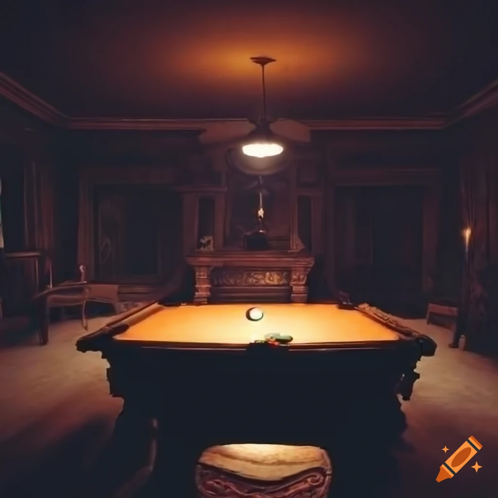 Eerie billiards room in an old Victorian mansion with antique wooden ...