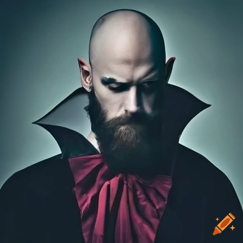 Bald bearded man in a vampire costume on Craiyon