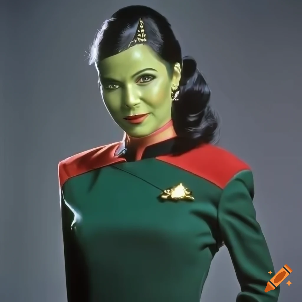 Female character with green skin, in a red starfleet uniform from orion ...