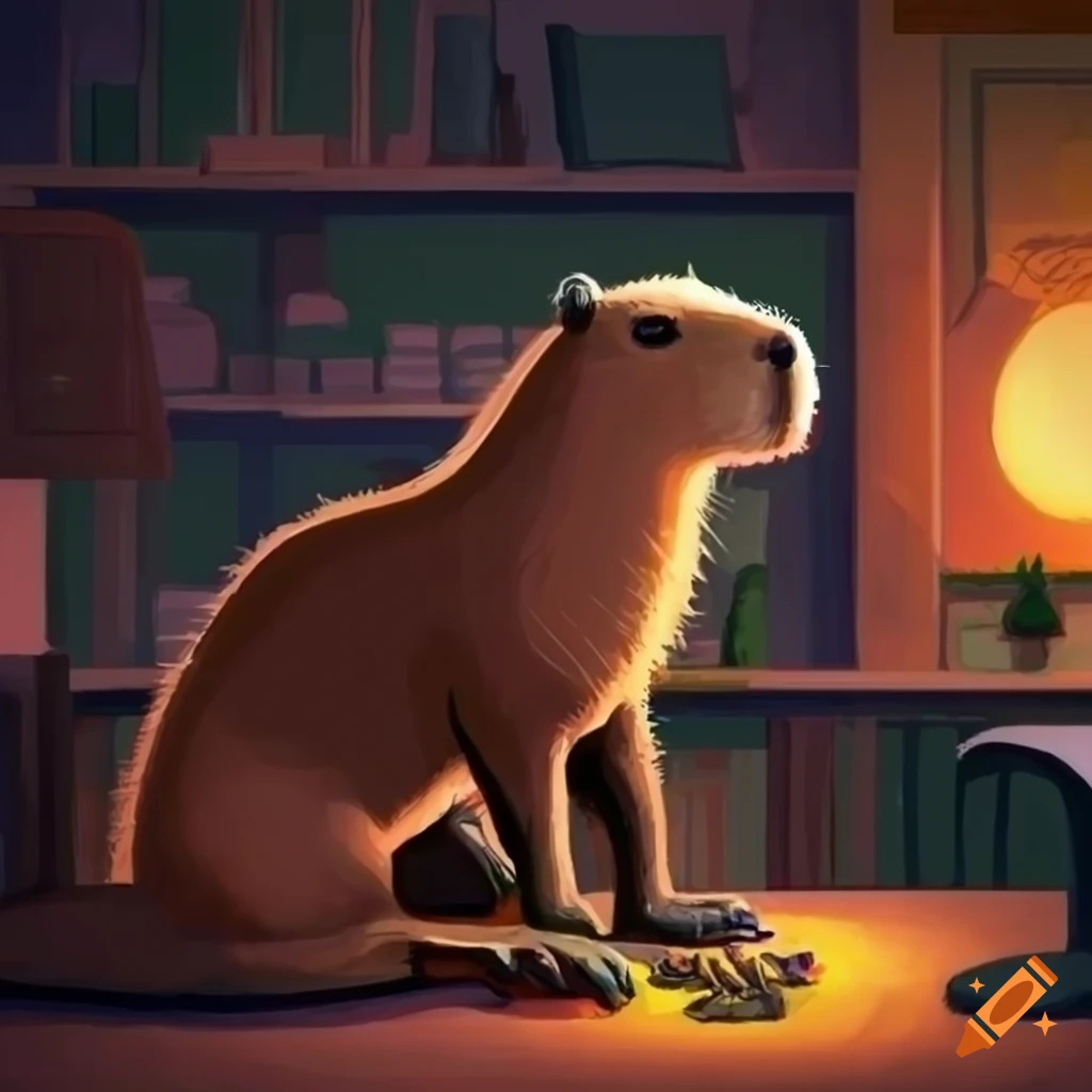 Capybara at a desk playing video games in a cozy setting on Craiyon