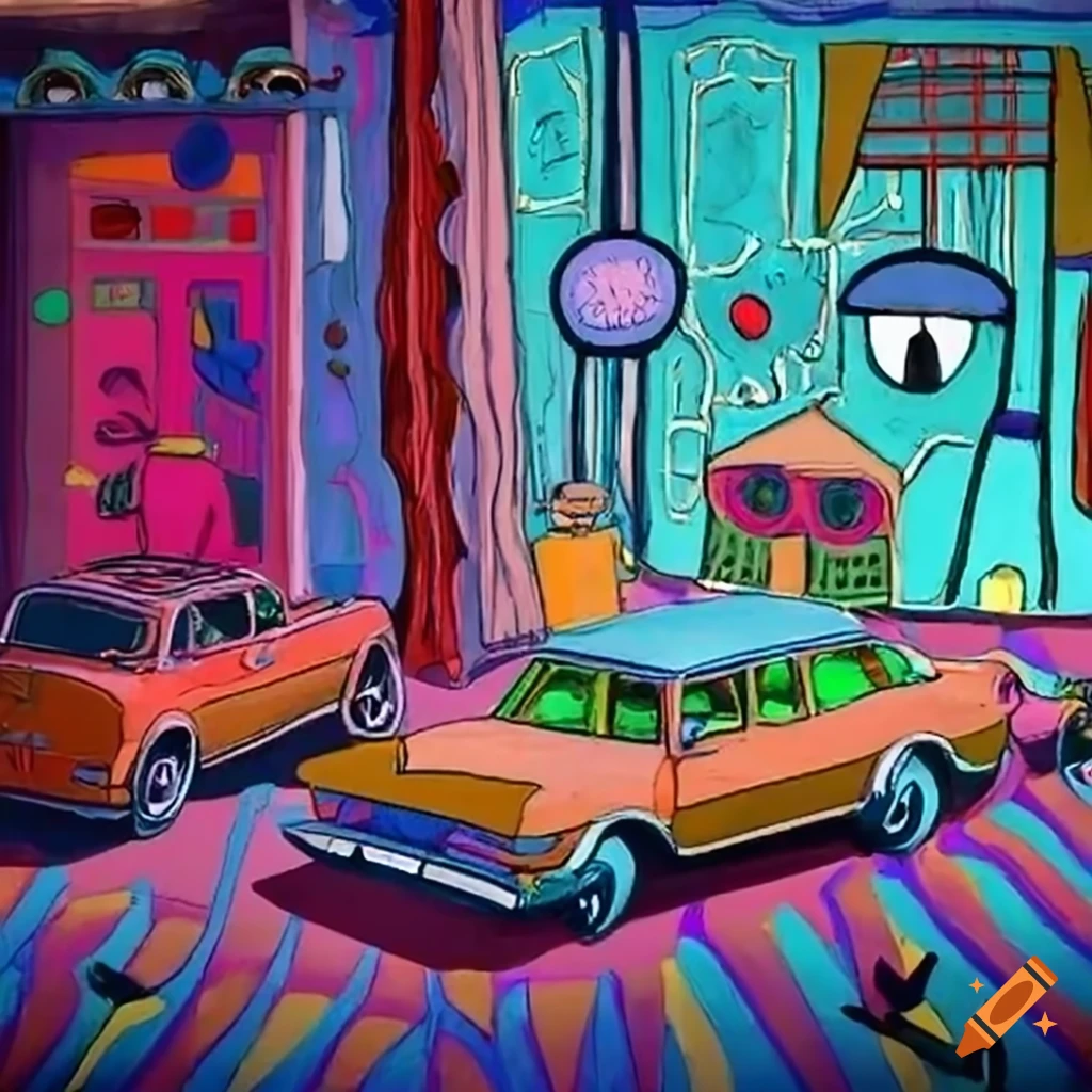 Anime aliens watching a car tv show in a colorful room, outsider art ...