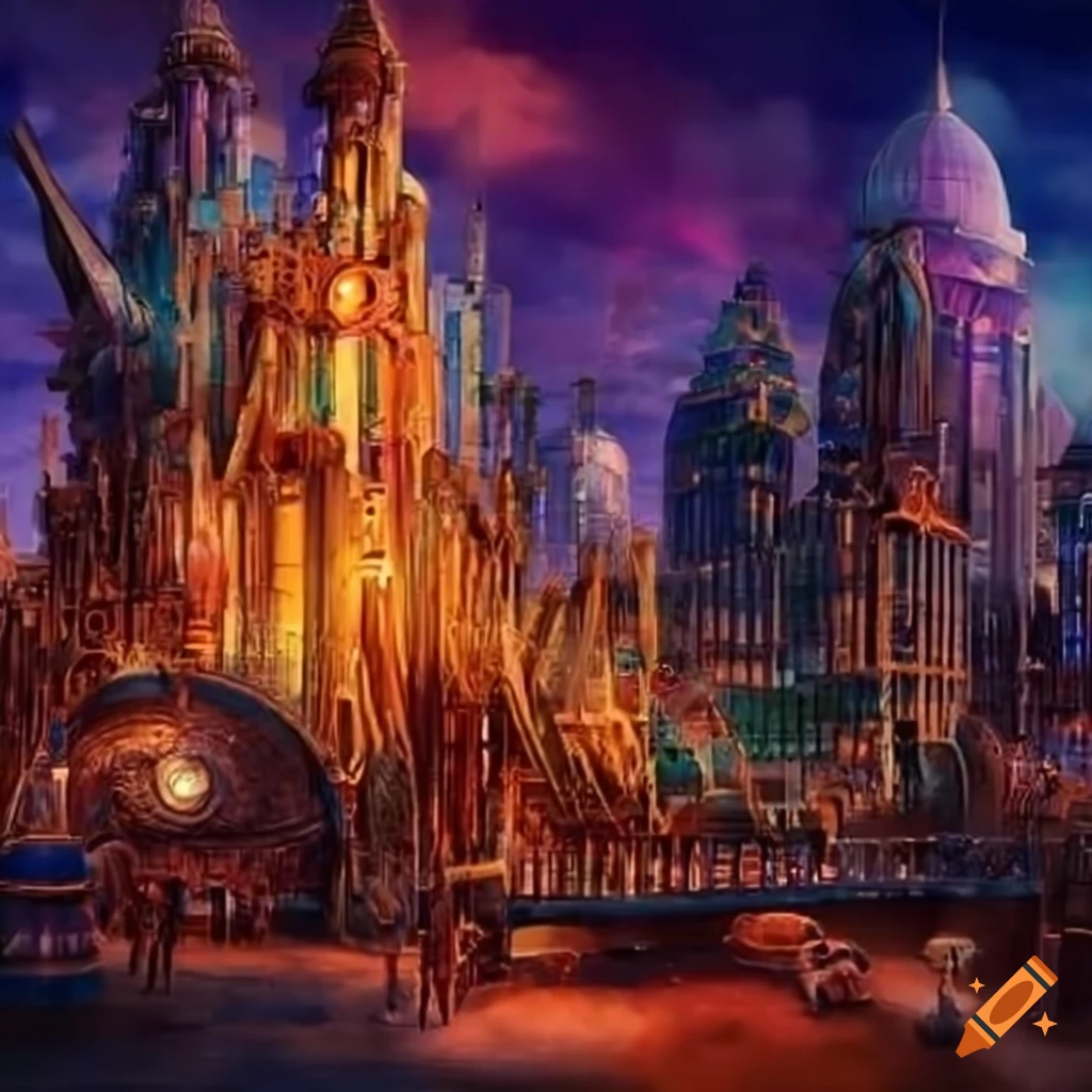 Metropolis solarpunk with steampunk details and anthropomorphic animal ...