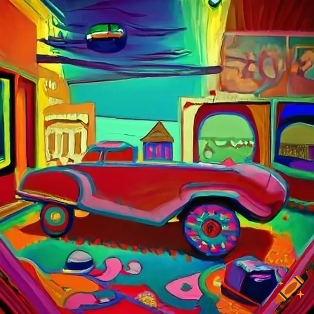 Aliens watching car TV show in a colorful room Outsider art style on ...