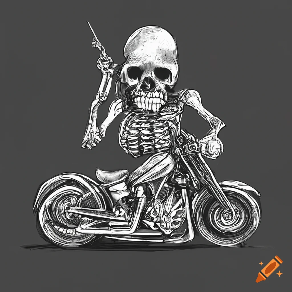 Sketch of a bearded skeleton wearing a World War 2 helmet riding a ...