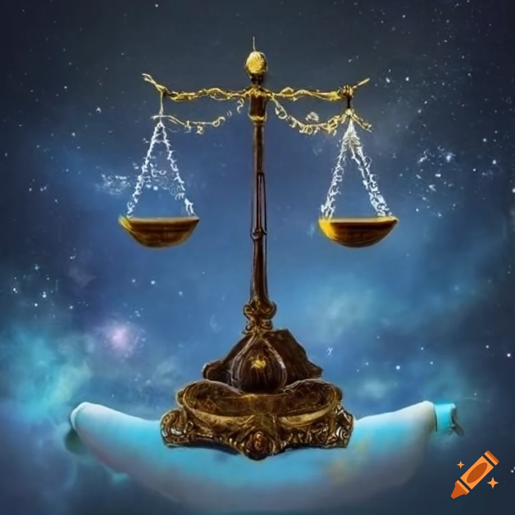 Justice scales under starry night sky with parchment scrolls and ...