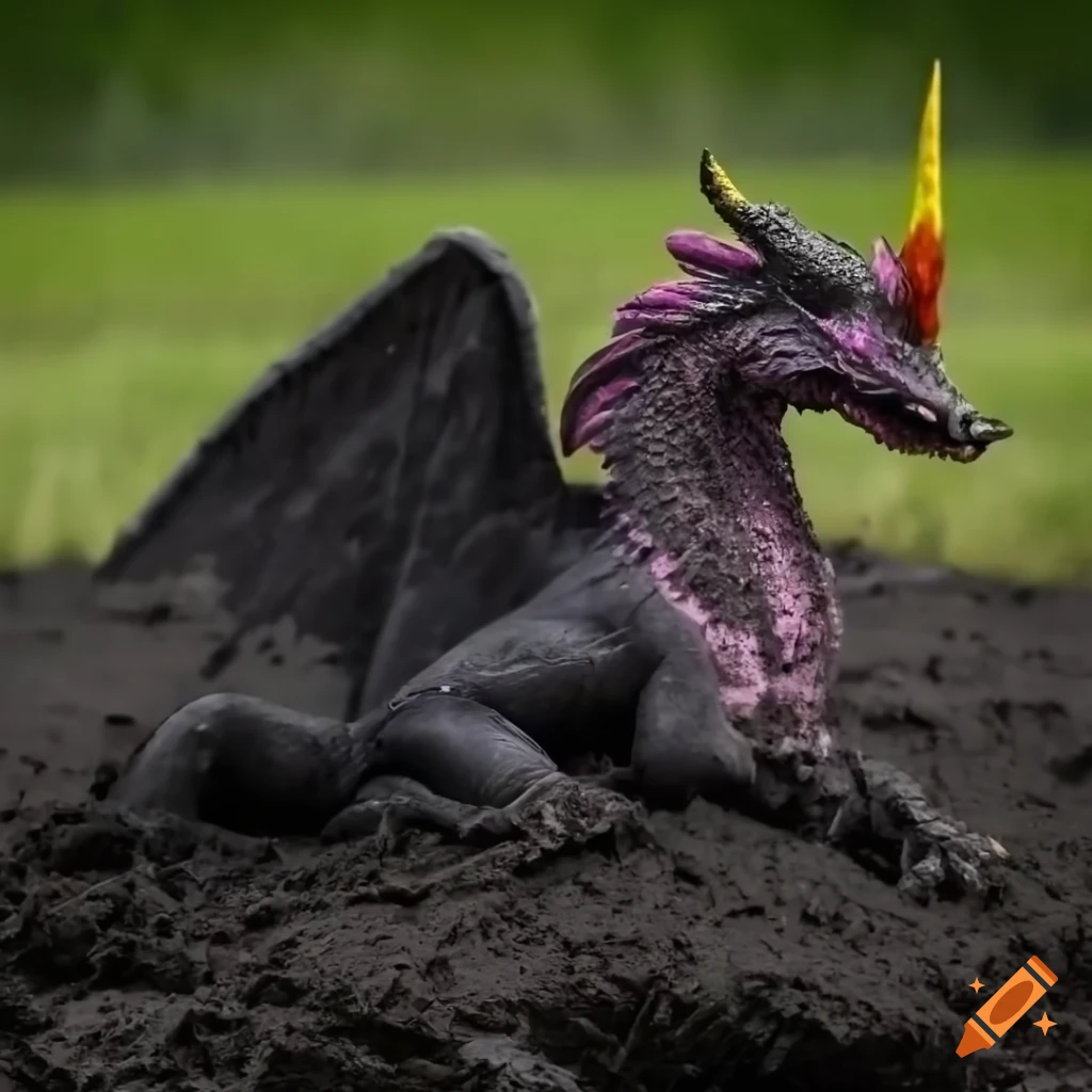 Unicorn-dragon hybrid in a black mud pit on Craiyon