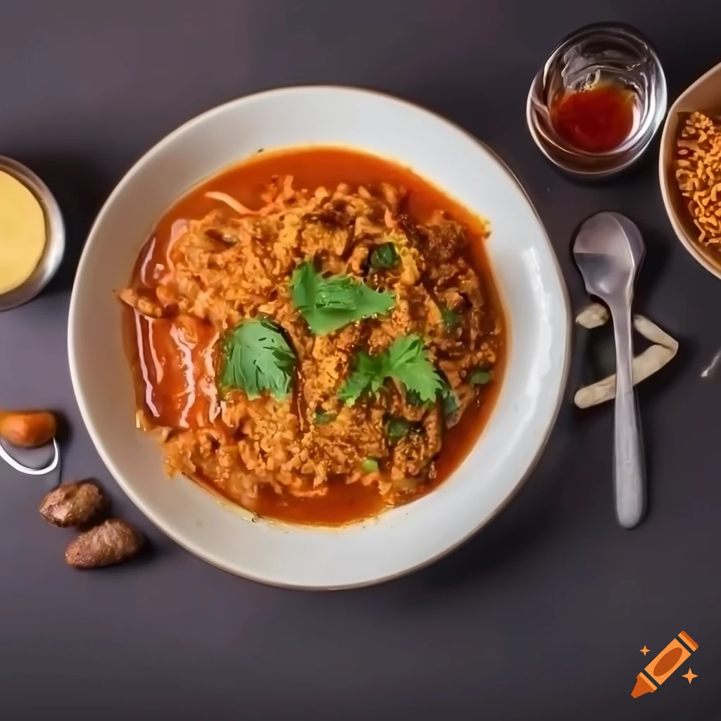 Plate of traditional indian sev tomato curry on a restaurant table on ...