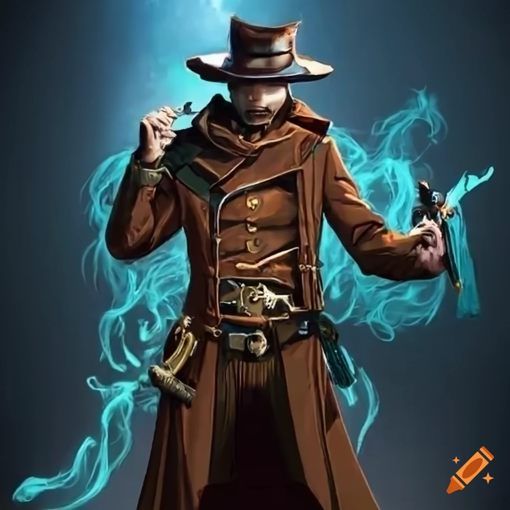 Steampunk gunslinger august with devil horns, tail and magic revolver ...
