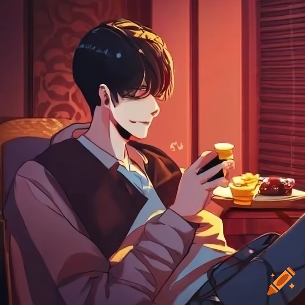 Good looking guy with glasses reading manhwa on phone while eating ...
