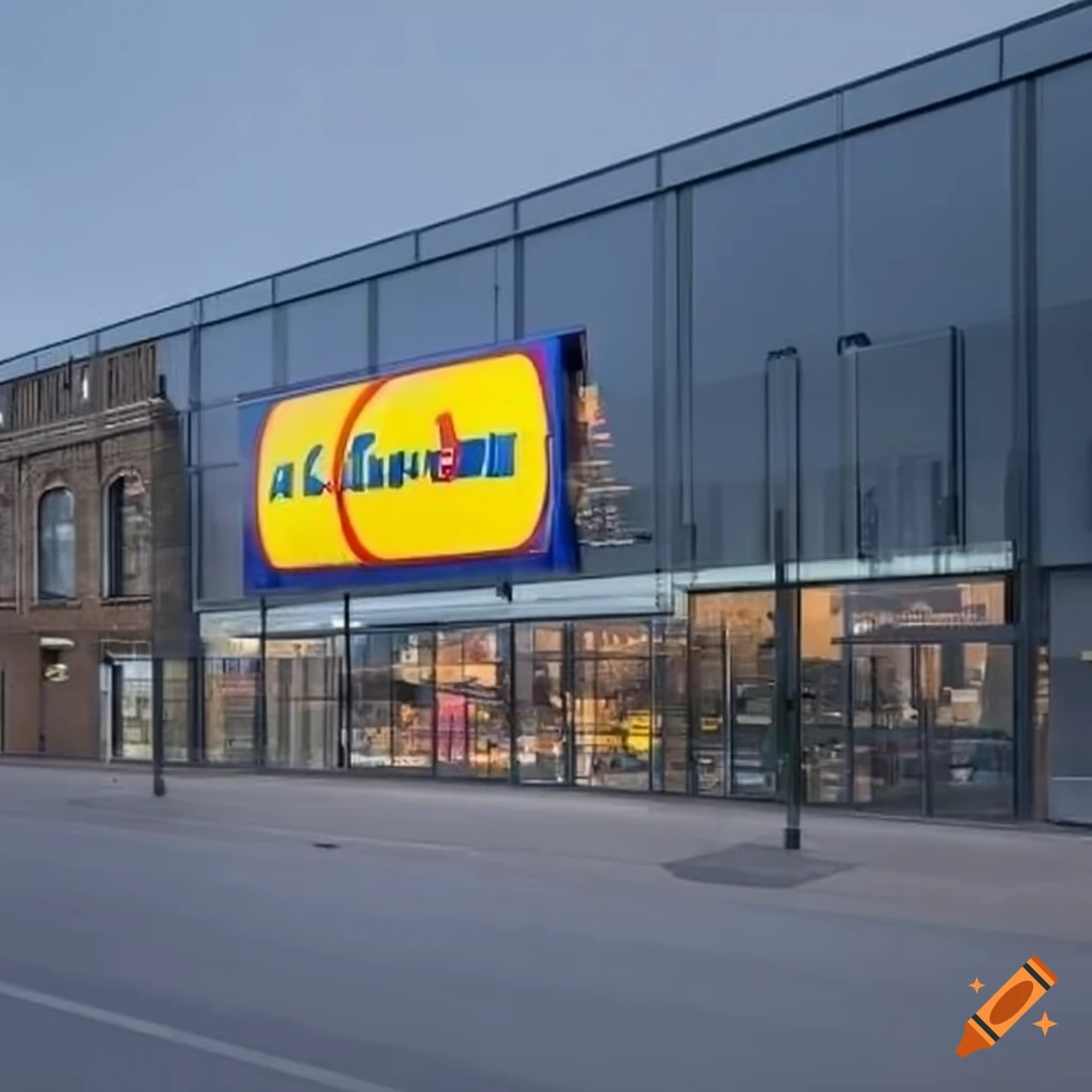 Stylish and contemporary Lidl store with glass and metal facade on Craiyon