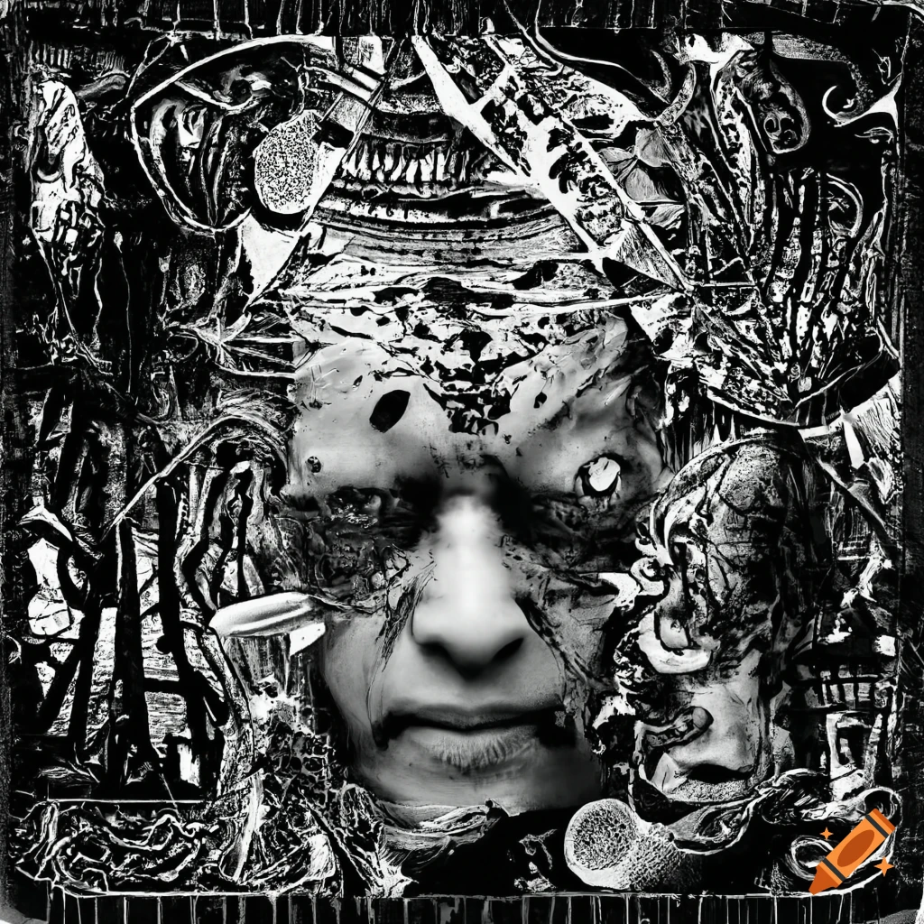 Extreme music album cover with distorted black and white shapes on Craiyon