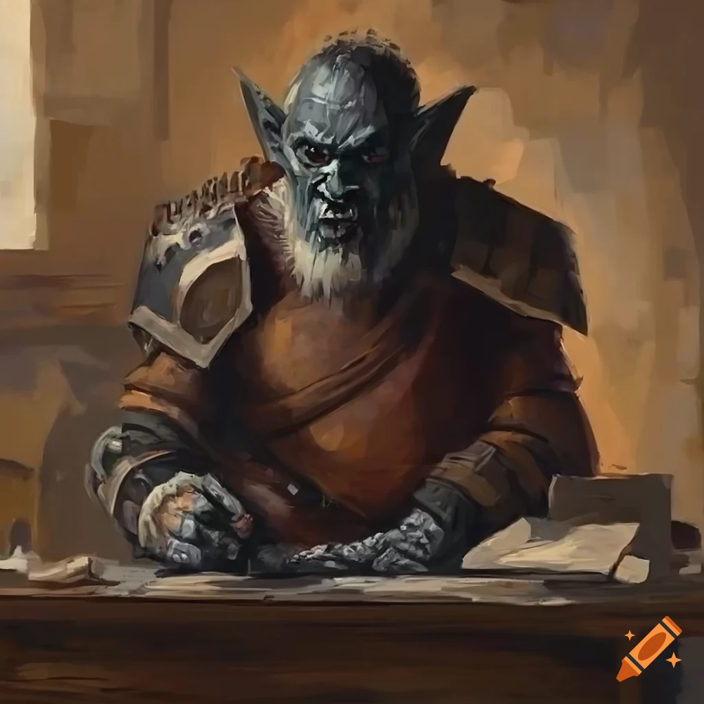Elderly dark-skinned d&d-style orc writing in a wooden house surrounded ...