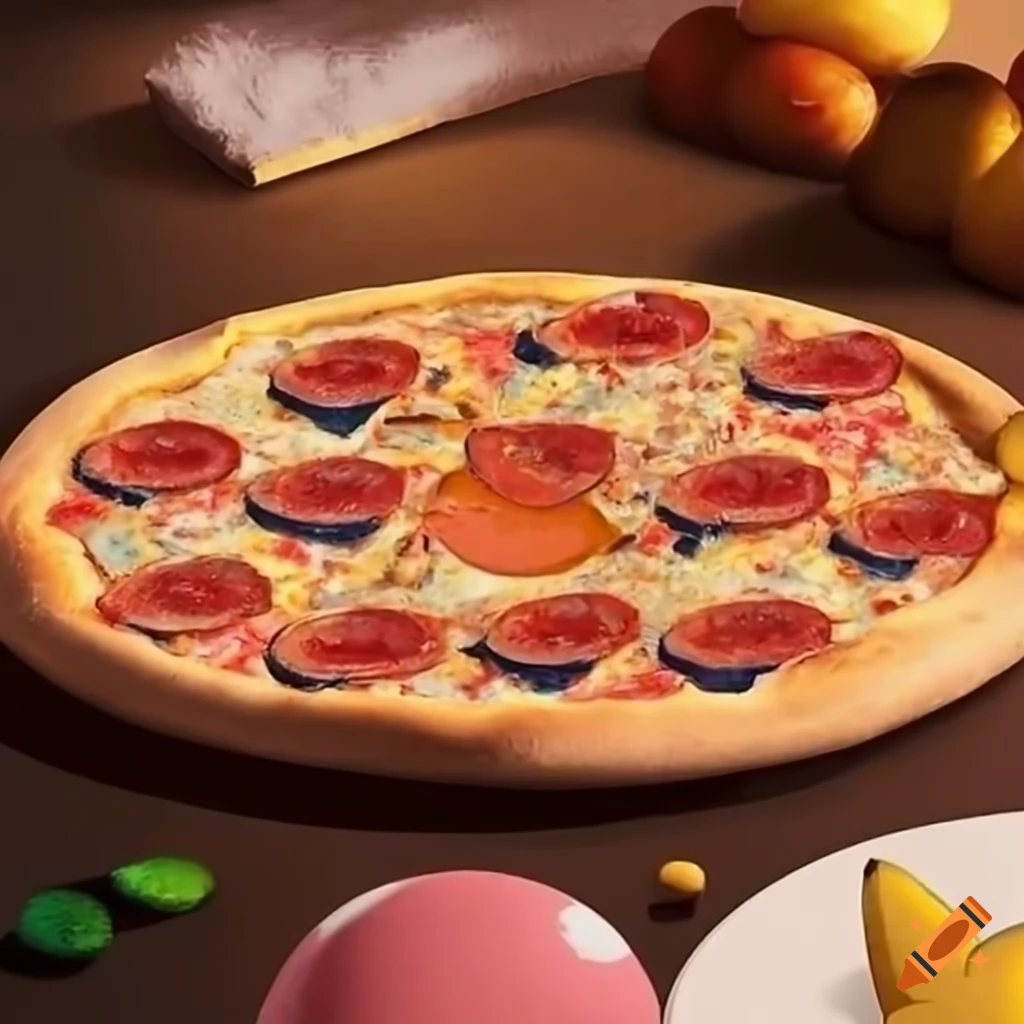 Kirby and pikachu cooking a pizza in a realistic kitchen setting on Craiyon